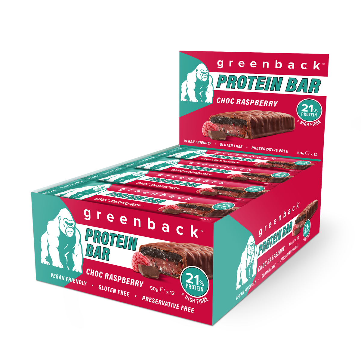 Plant-Based Layered Choc Raspberry Protein Bar 50g x 12pk - Greenback