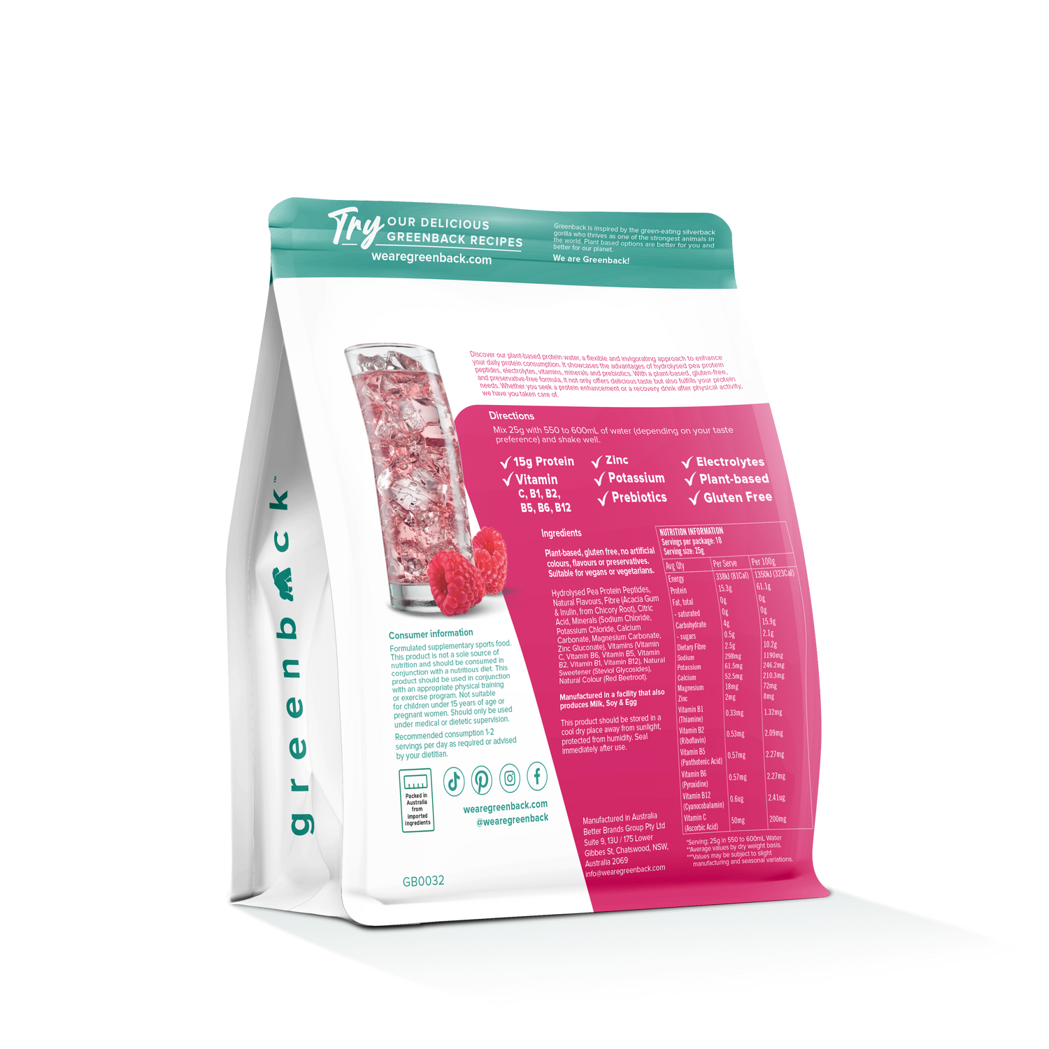 Raspberry Protein Water 250g - Greenback